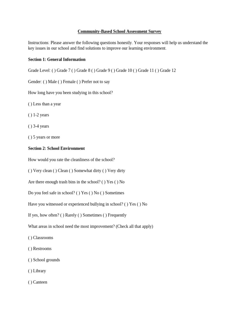 Community-Based School Assessment Survey | PDF