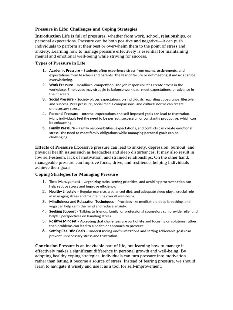 Managing Life's Pressure: Coping Strategies | PDF | Psychology | Mental ...