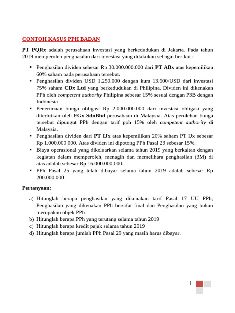 CONTOH KASUS PPH BADAN - NON KONSTRUKSI & PENYELESAIANNYA - UU HPP | PDF
