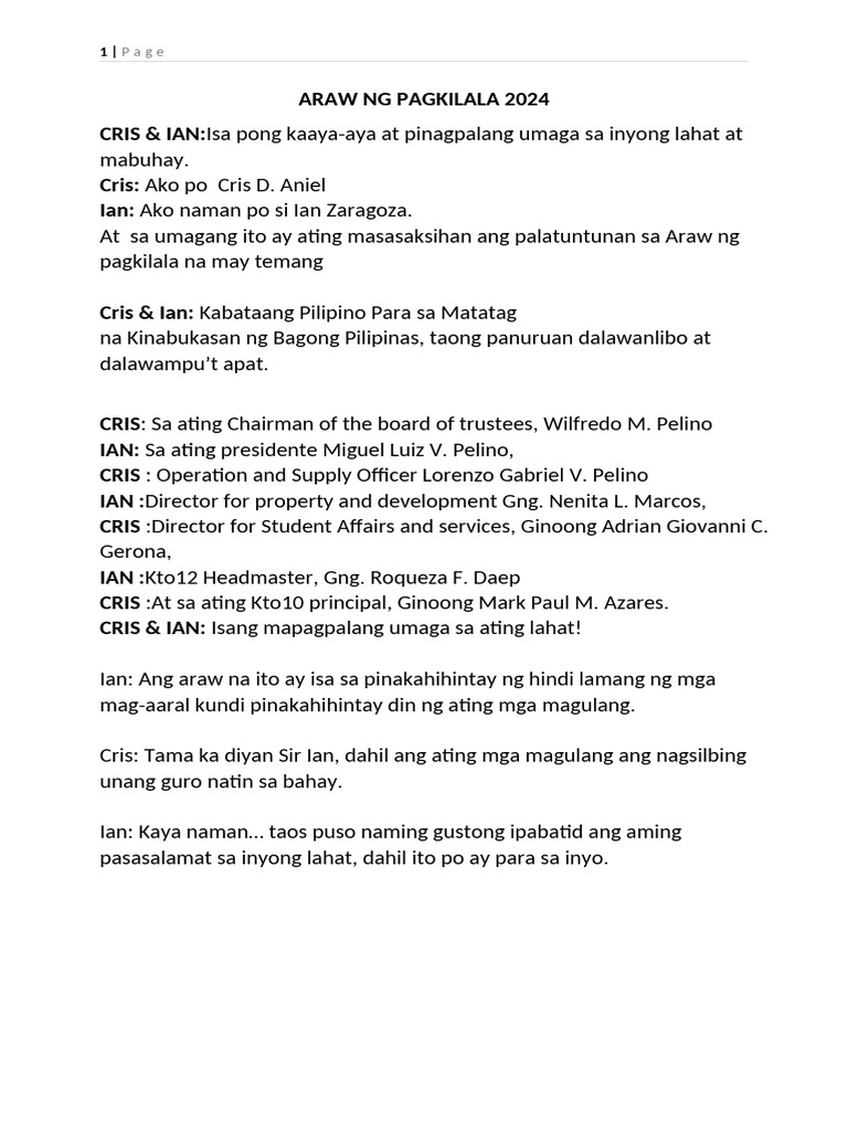 Araw NG Pagkilala 2023 Script | PDF