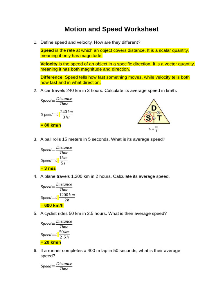 LESSON 1 Motion and Speed Answers Worksheet | PDF | Speed | Velocity