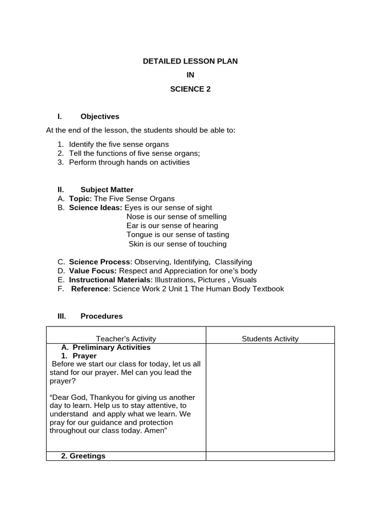 Lesson Plan on Five Sense Organs | PDF | Senses | Taste