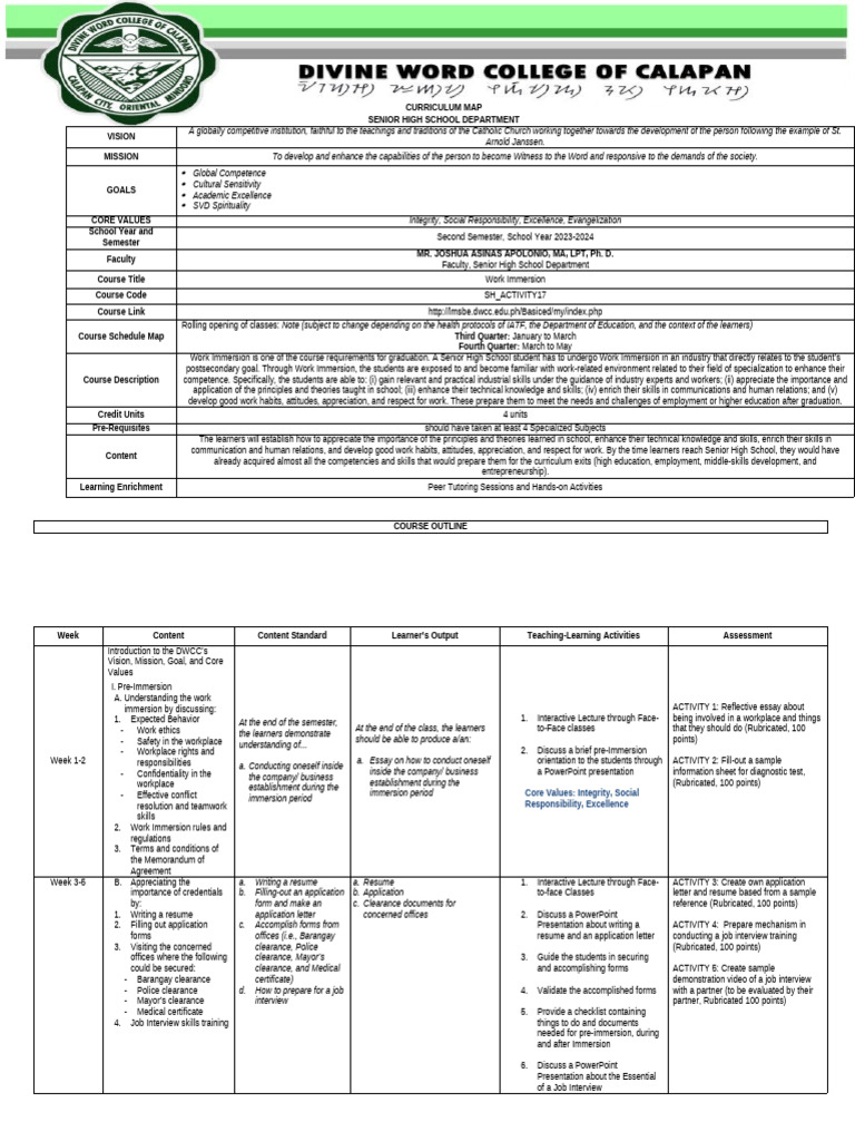 WORK IMMERSION syllabus | PDF | Learning | Job Interview