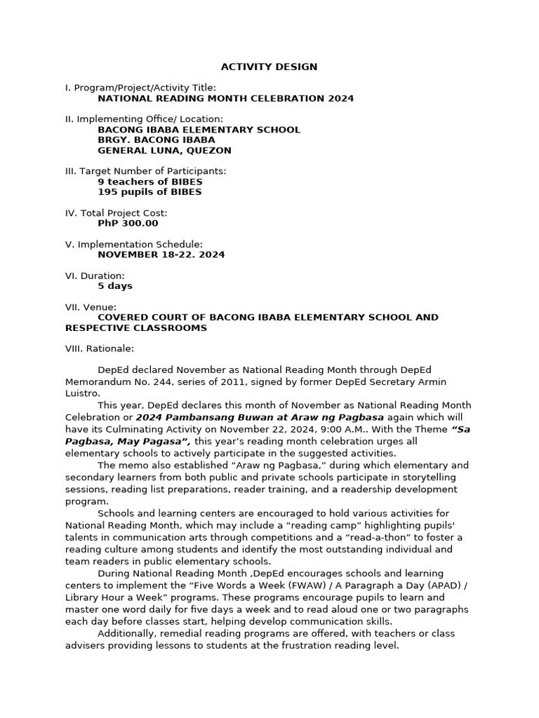 Activity Design Pagbasa 2024 | PDF | Literacy | Learning