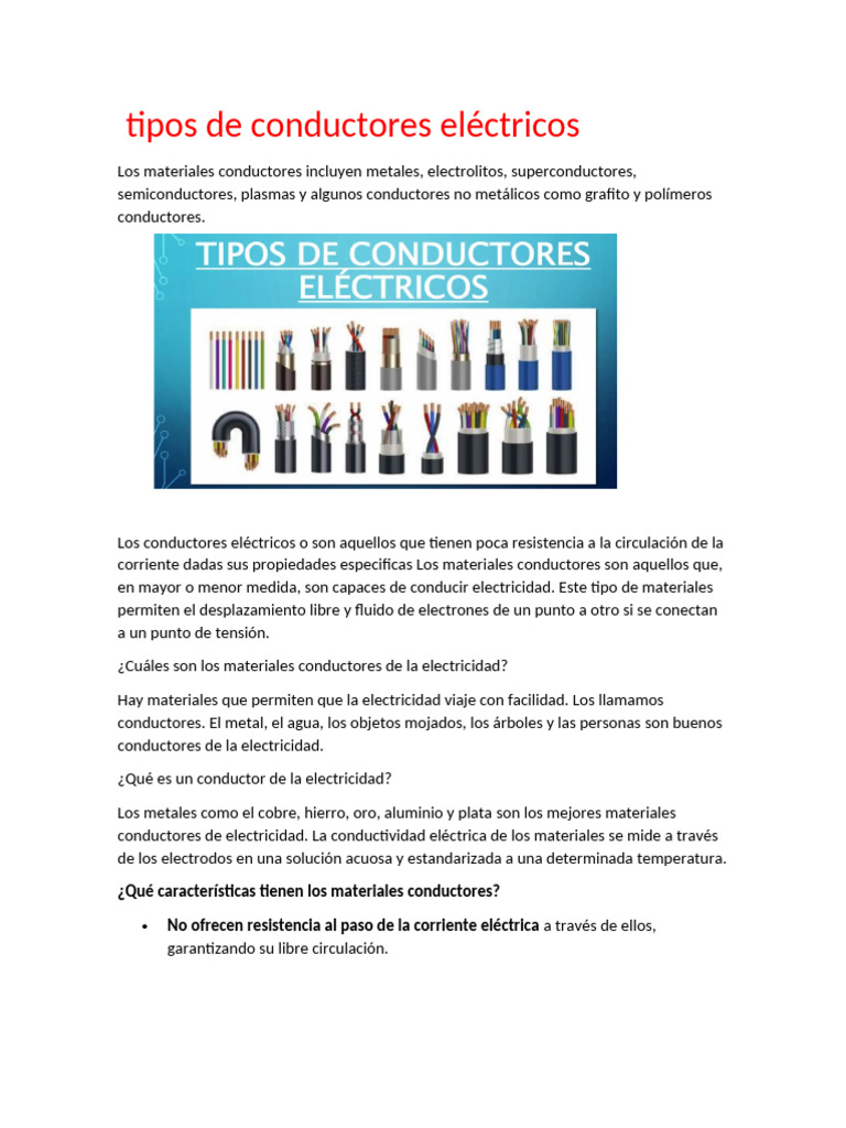 Tipos de Conductores Eléctricos Colegio | PDF | Conductor electrico ...