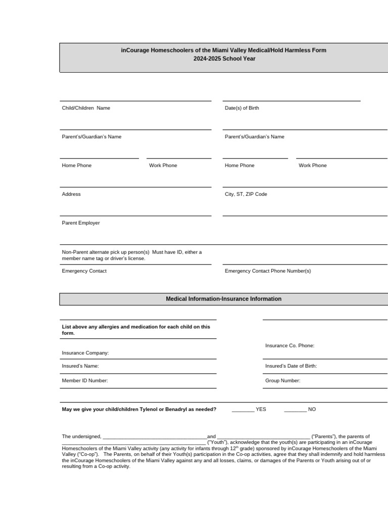 InCourage Medical Hold Harmless Form 2024-2025 | PDF | Indemnity ...