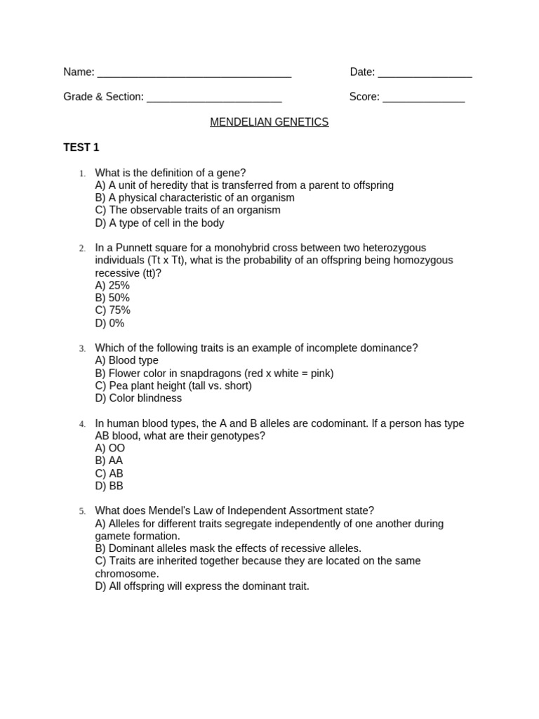 Mendelian Genetics Quiz | PDF