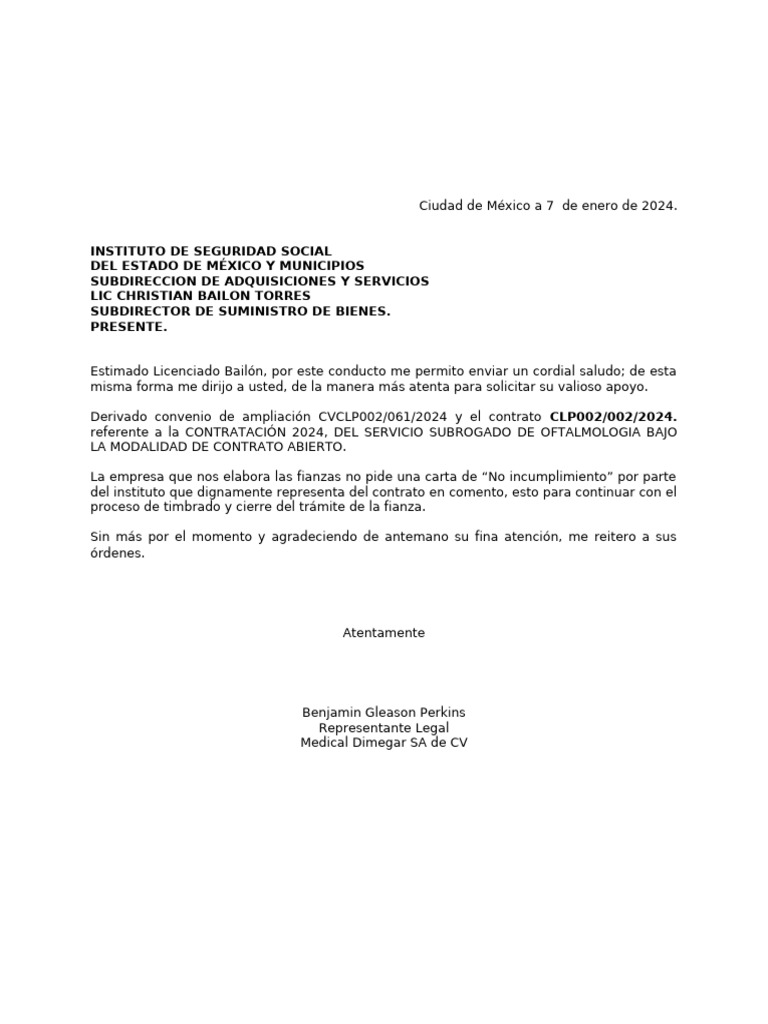 Oficio Carta de No Incumplimiento | PDF