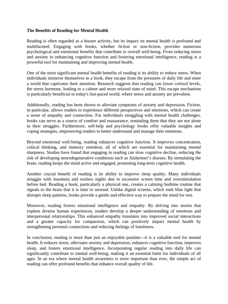 The Benefits of Reading For Mental Health | PDF | Mental Health ...