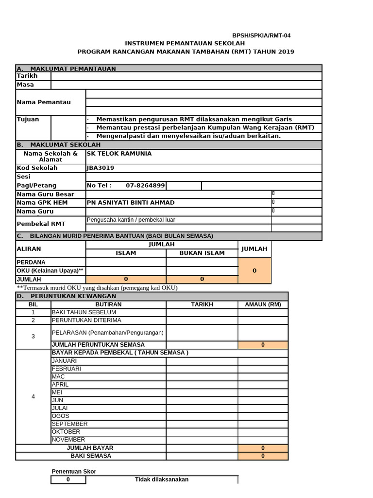 Borang Pemantauan RMT BPSH | PDF