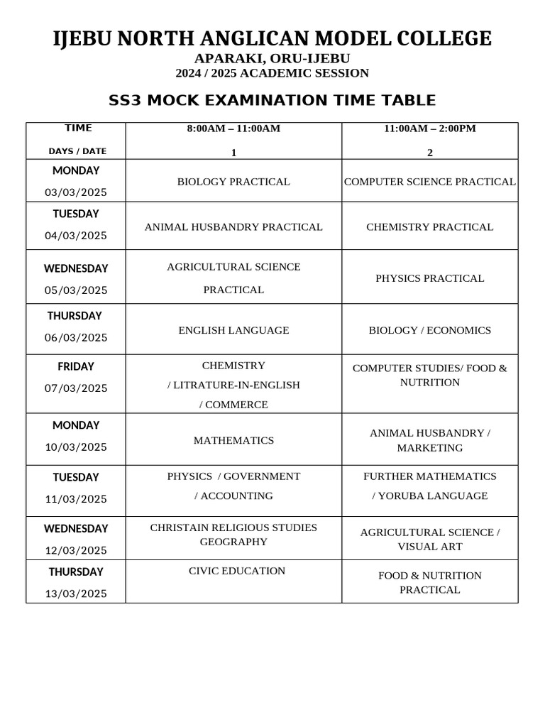 Sss3 Mock Exam Time Table 24-25 | PDF