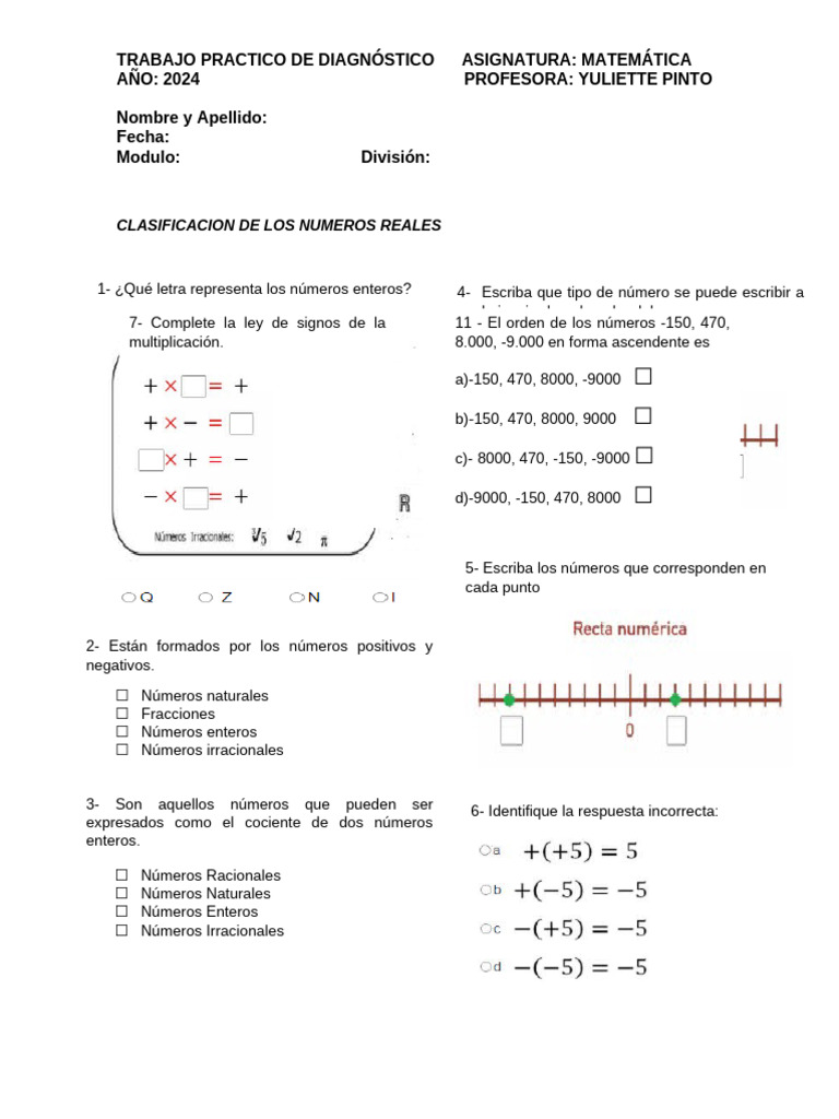 EVALUACIÓN DIAGNÓSTICA DE MATEMÁTICAS | PDF | Números | Entero