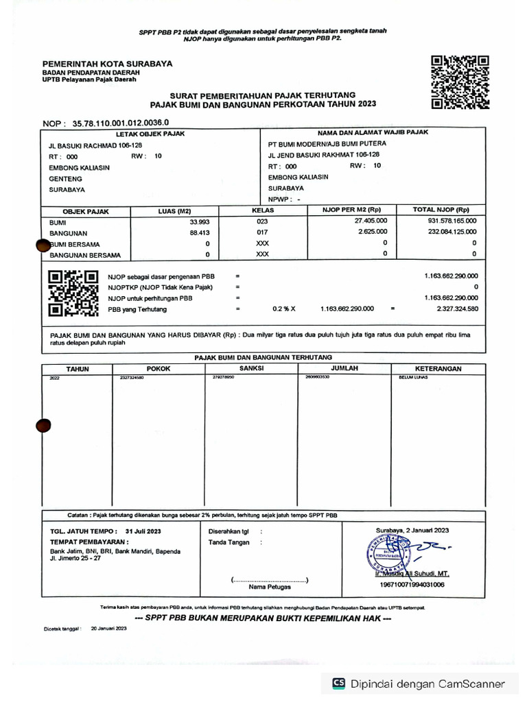 SPPT PBB Hotel Bumi Surabaya TH 2023 | PDF