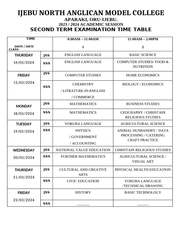 2ND Term Exam Time Table 23-24 | PDF