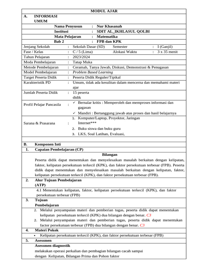 Modul Ajar - FPB & KPK - Nur Khasanah | PDF
