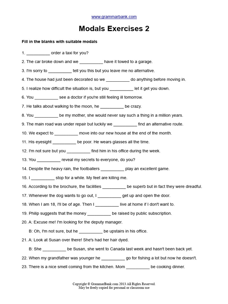 Modals Exercises Autor GrammarBank | PDF