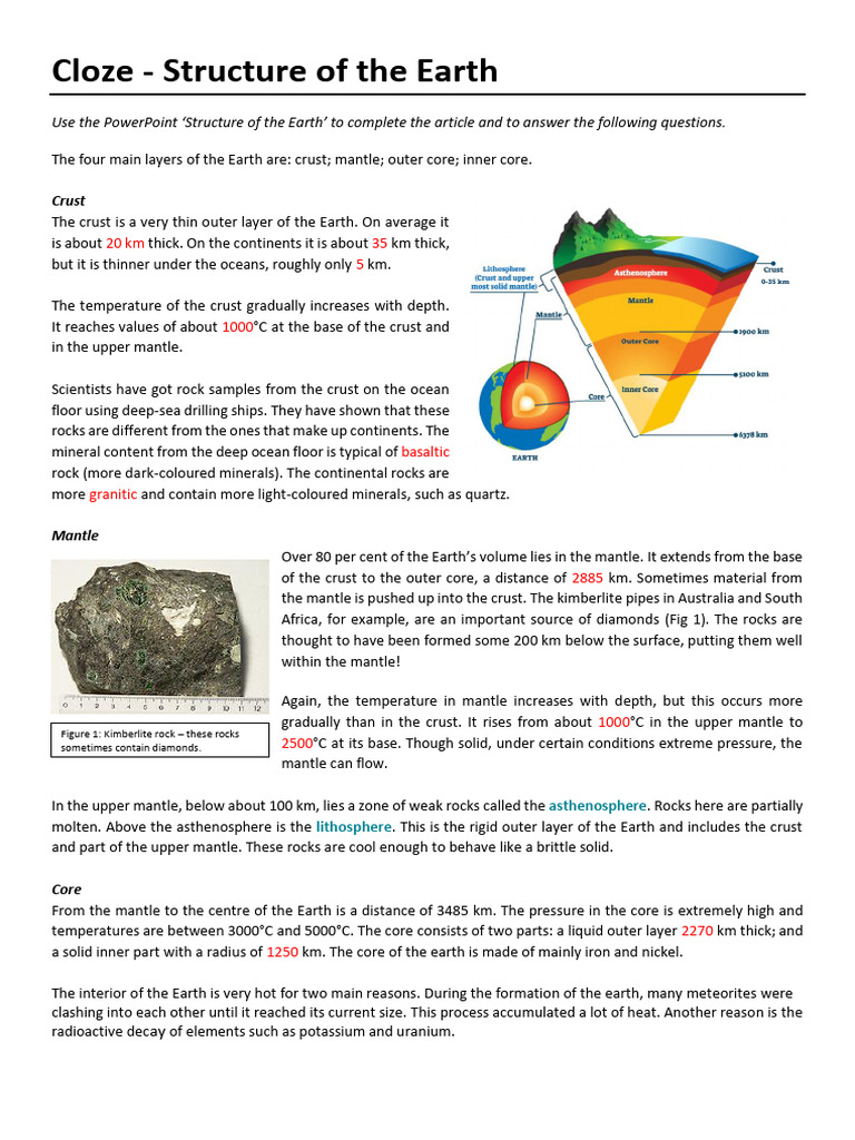 ANS Cloze - Structure of The Earth | PDF | Earth | Planetary Core