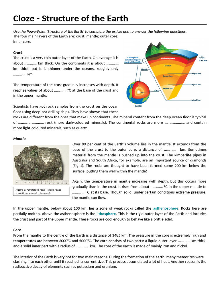 Cloze - Structure of The Earth | PDF | Earth | Planetary Core