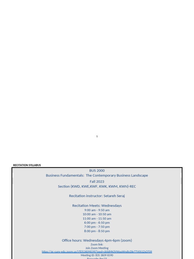 BUS 2000 Rec Syllabus Fall 2023 Final-Setareh Seraj | PDF | Academic Dishonesty | Information ...