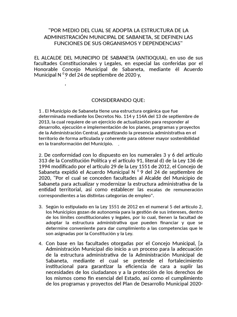 Decreto Estructura y Manual de Funciones Pedraza | PDF | Alcalde | Gobierno