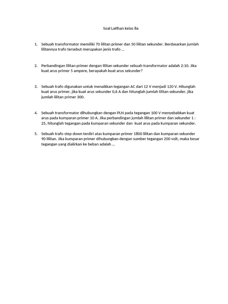 Soal Soal Transformator Kelas8 | PDF