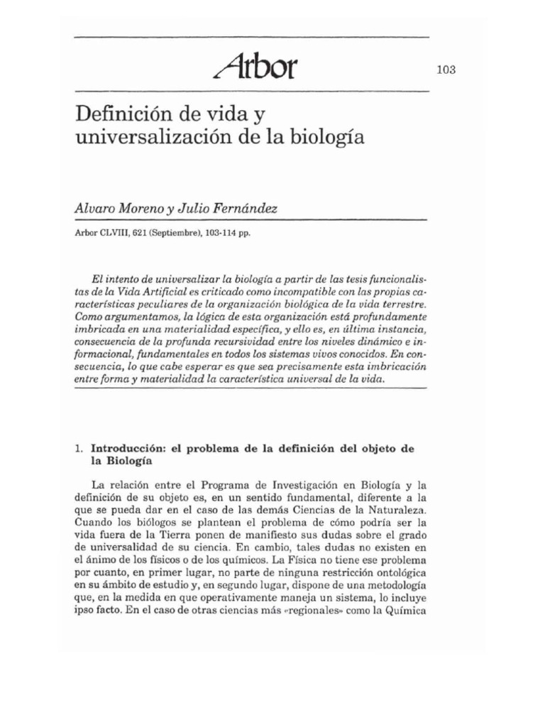 Definición De Vida Y Universalización De La Biología Pdf Vida