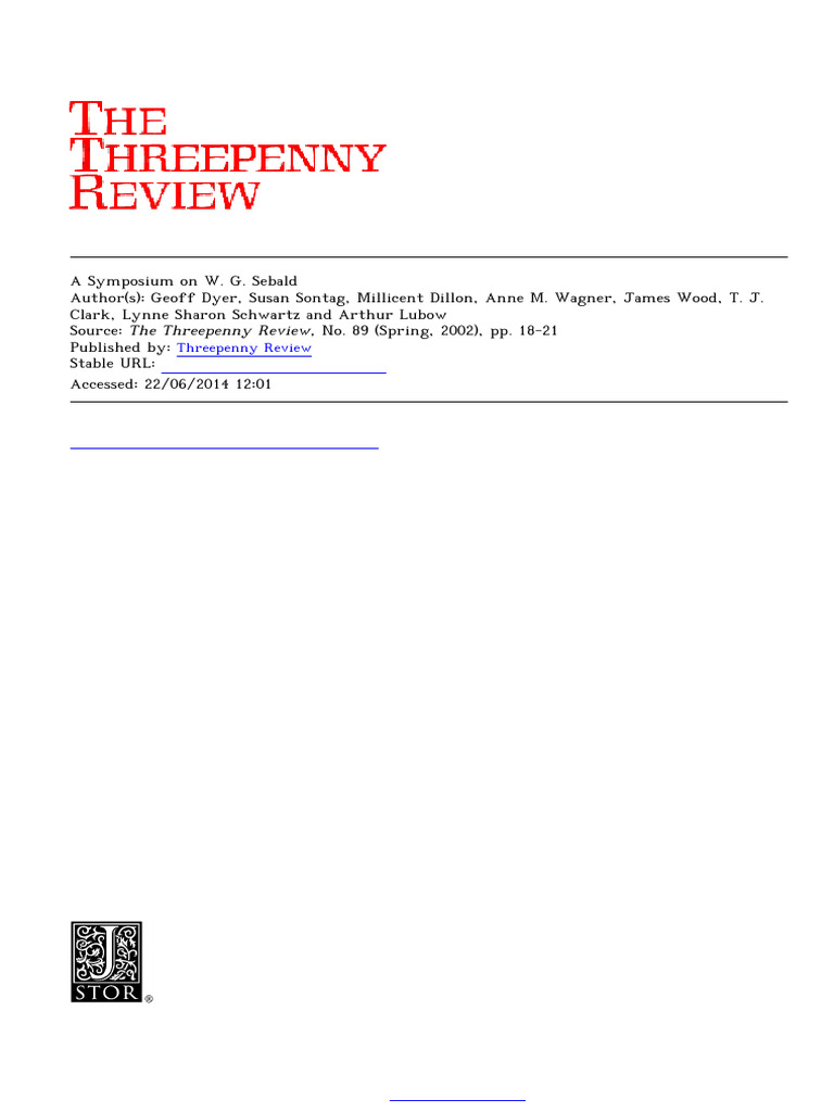 (Geoff Dyer, Susan Sontag, Millicent Dillon Etc.) A Symposium On W. G ...