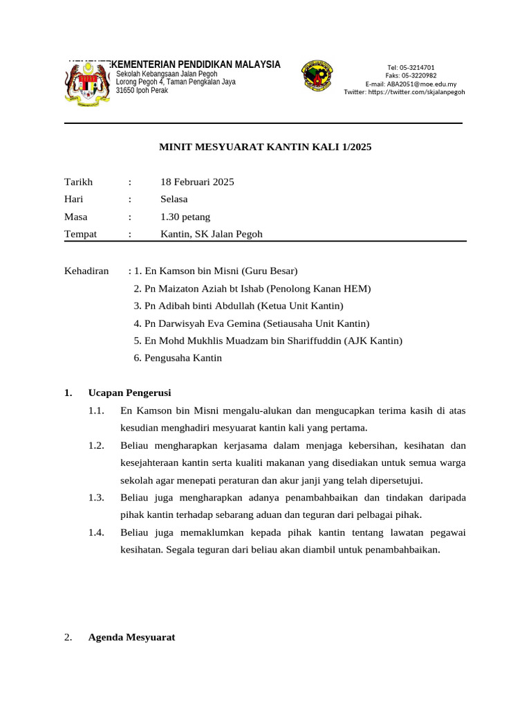 Minit Mesyuarat Kantin 1 2025 | PDF