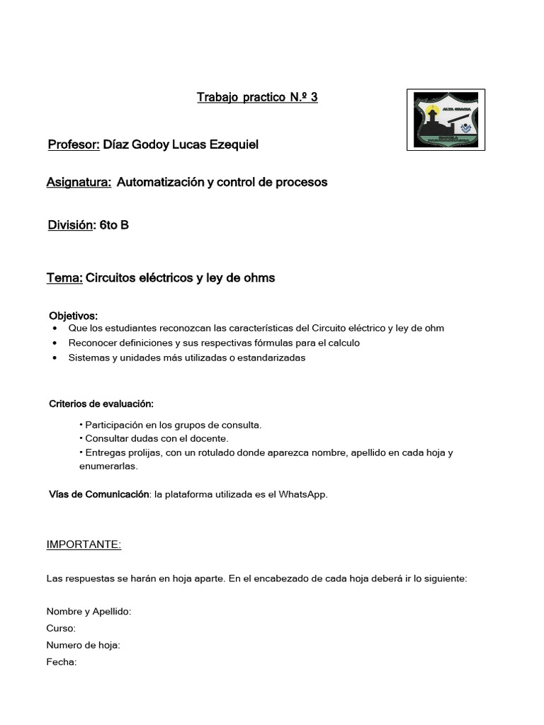TP3 Automatizacion y Control de Procesos 6to B | PDF | Corriente eléctrica | Resistencia ...