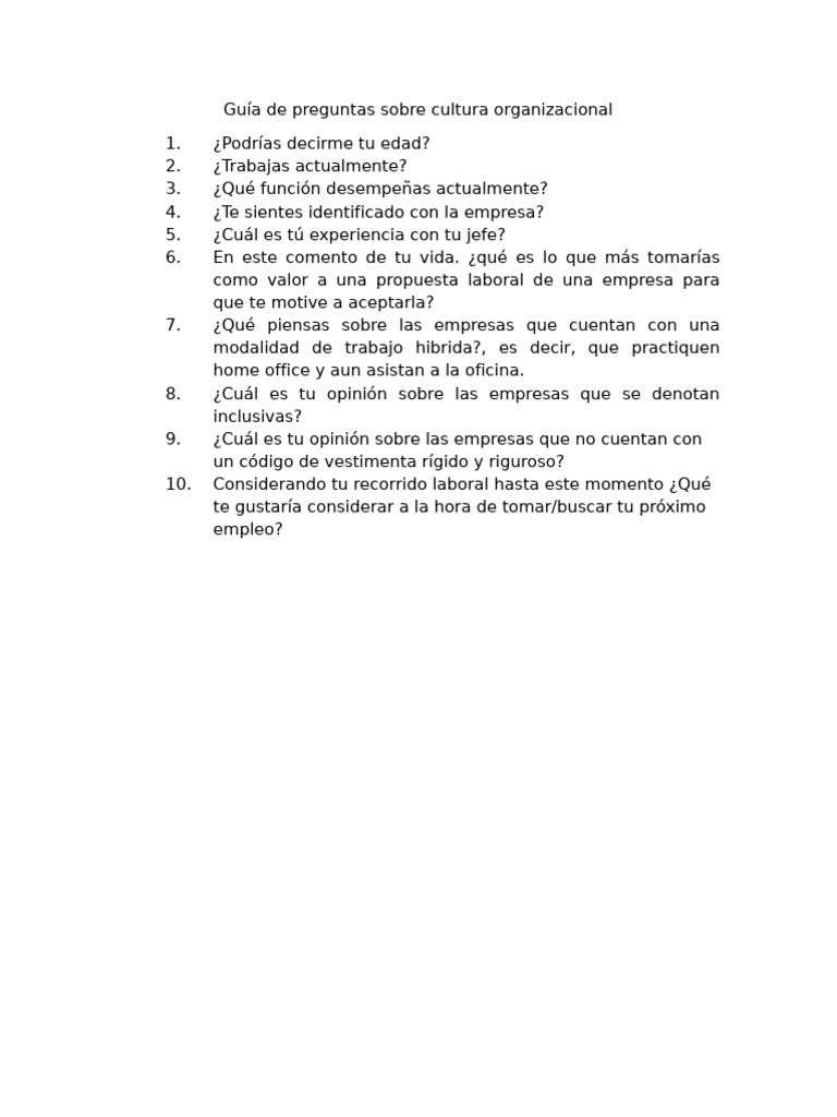 Guía de Preguntas Sobre Cultura Organizacional Edgar-1 | PDF