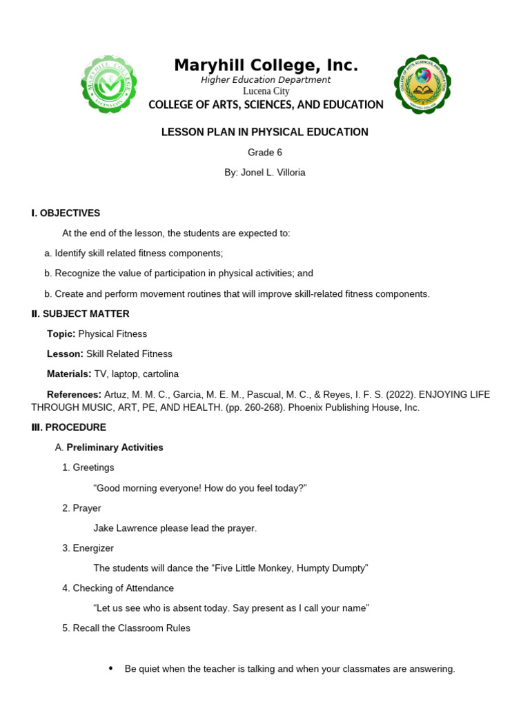 Lesson Plan On FLCT PE G6 FINAL | PDF | Physical Fitness | Mental Chronometry