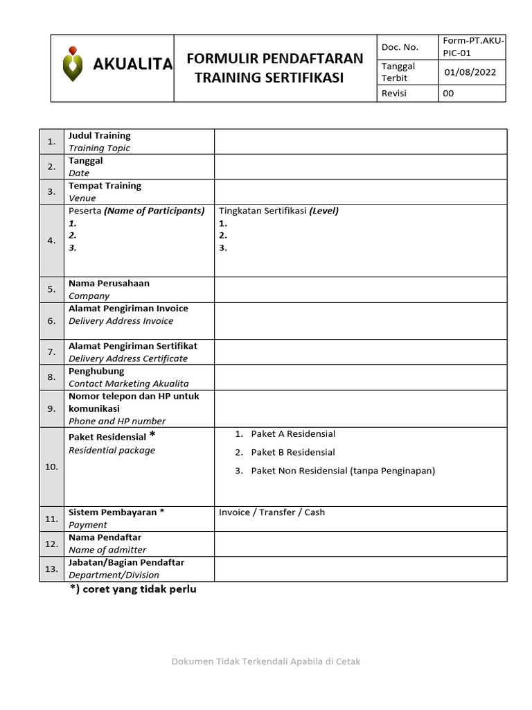 FM.01-PT - AKU-PIC-01 Form Pendaftaran Peserta Training AKUALITA 2022 | PDF