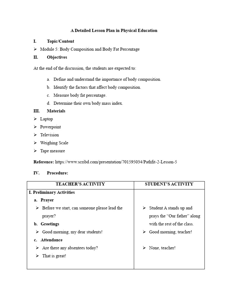 A Detailed Lesson Plan in Physical Education | PDF | Body Mass Index | Obesity