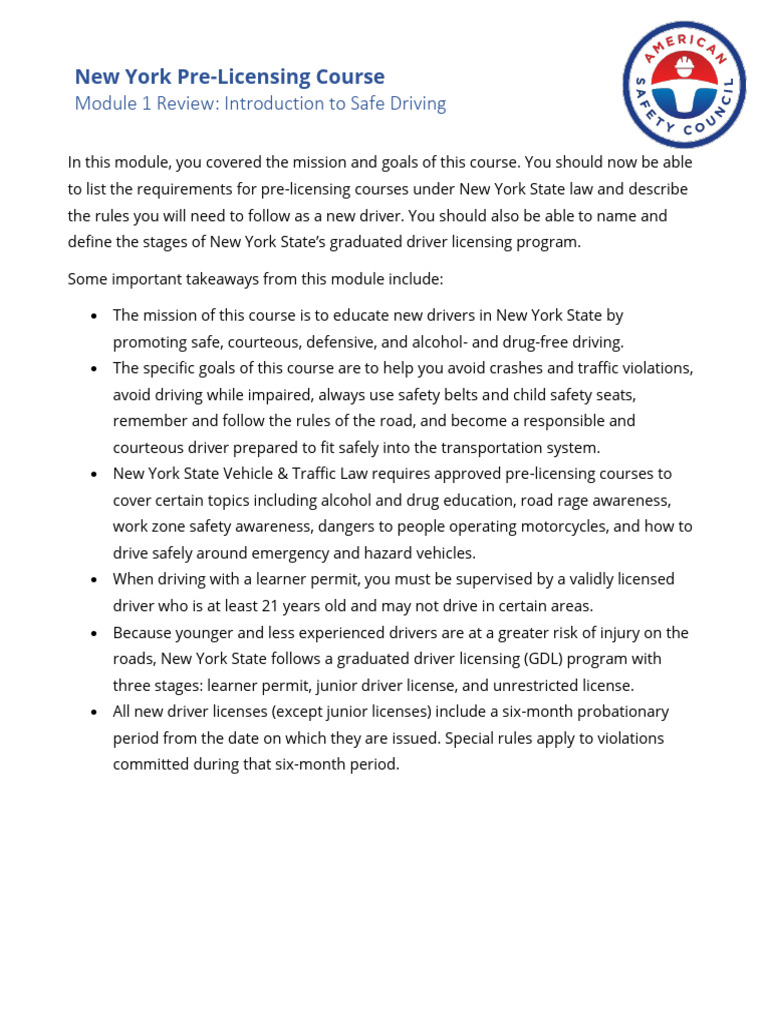 Module 1 Review: Introduction To Safe Driving: New York Pre-Licensing ...