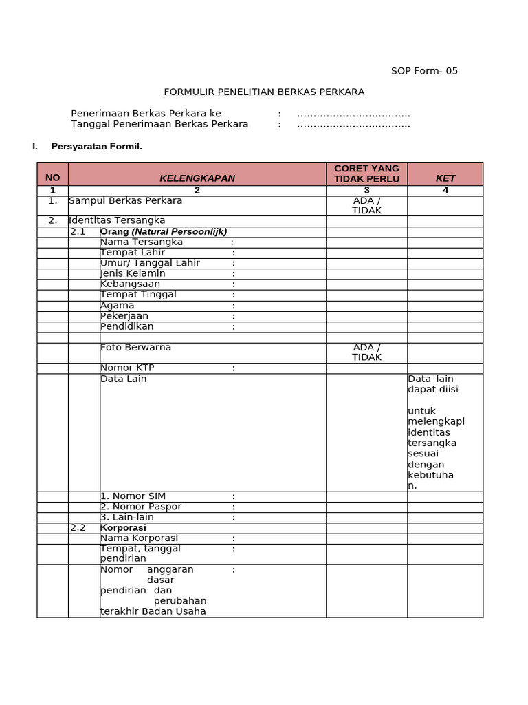 SOP FORM-05 Formulir Penelitian Berkas Perkara | PDF