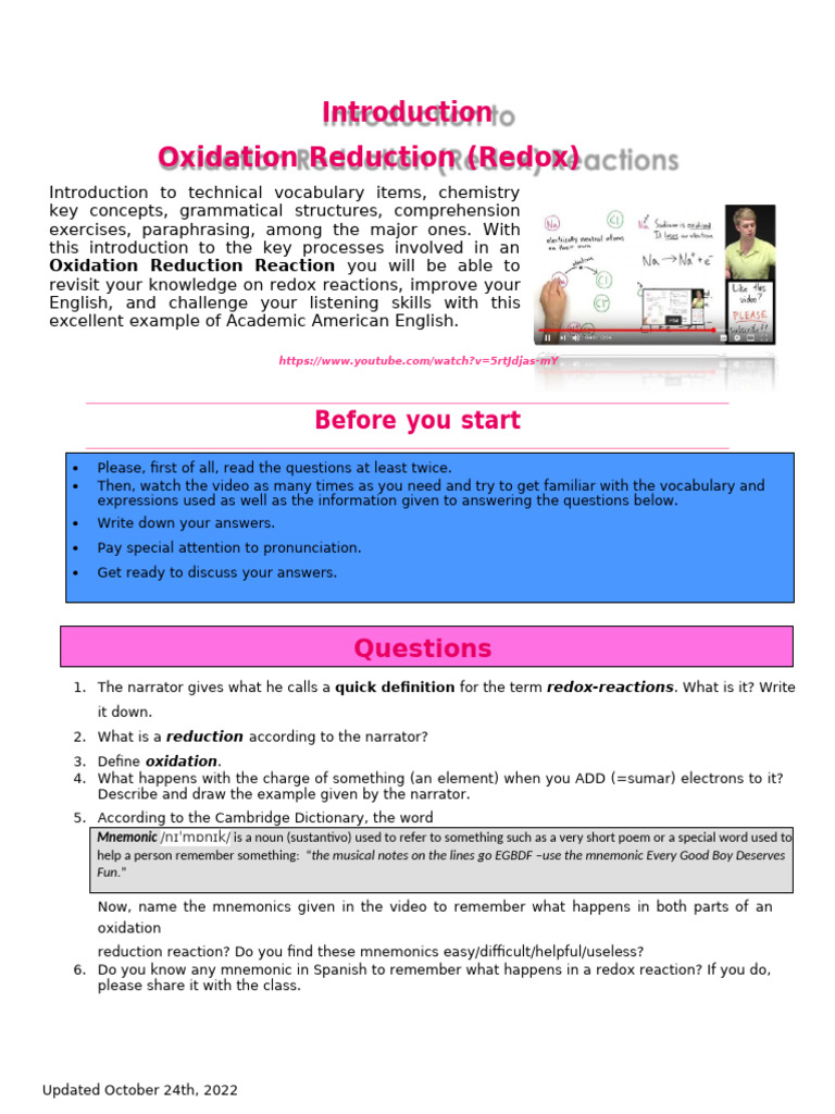 VIDEO ACTIVITY Introduction To RedOx | PDF | Redox | Linguistics