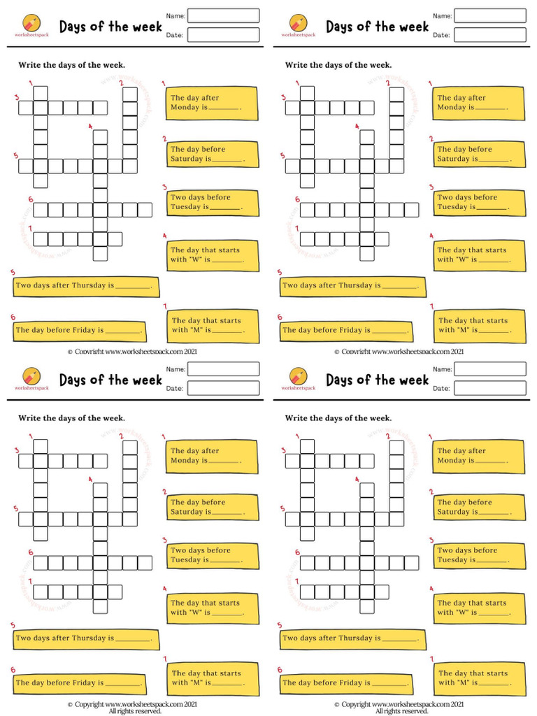 Days of The Week Crucigram - 013303 | PDF