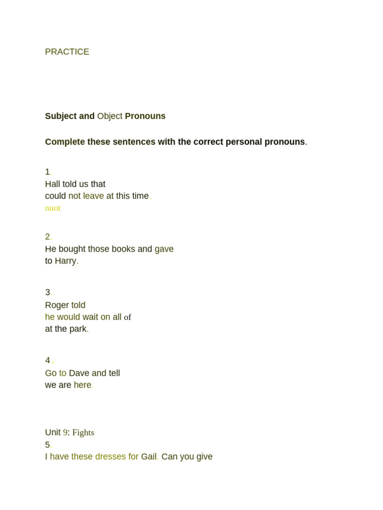 Subject and Object Pronouns Practice | PDF