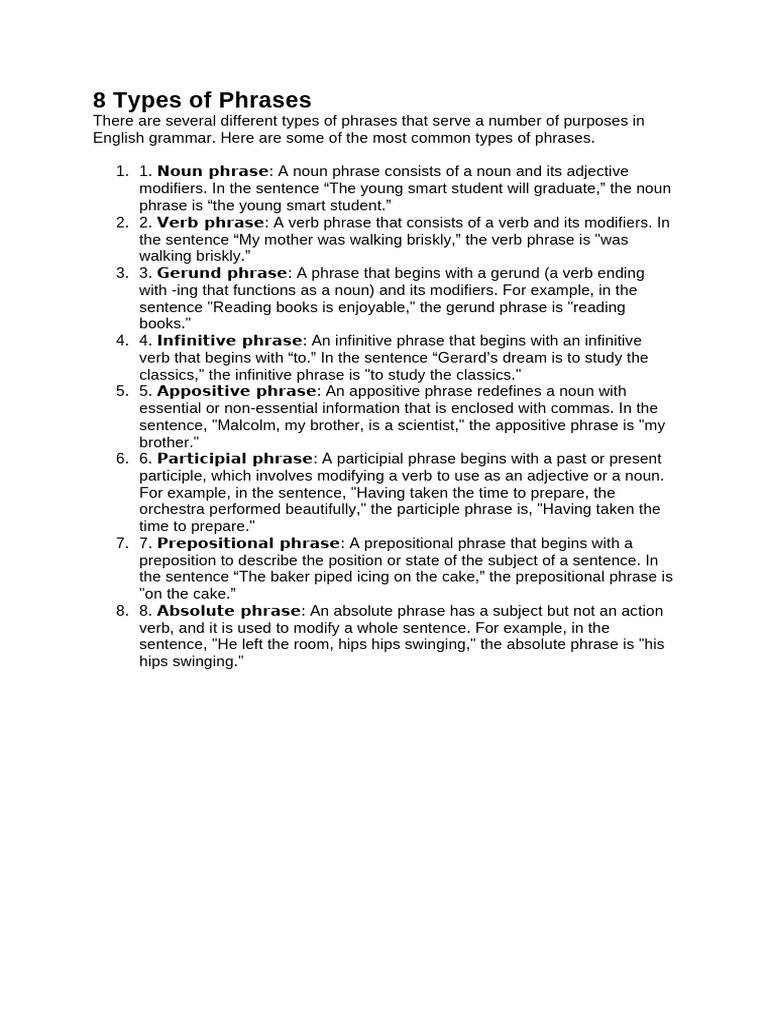 8 Types of Phrases | PDF