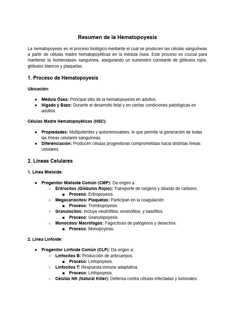 Resumen de La Hematopoyesis | PDF | Hematopoyesis | Histología