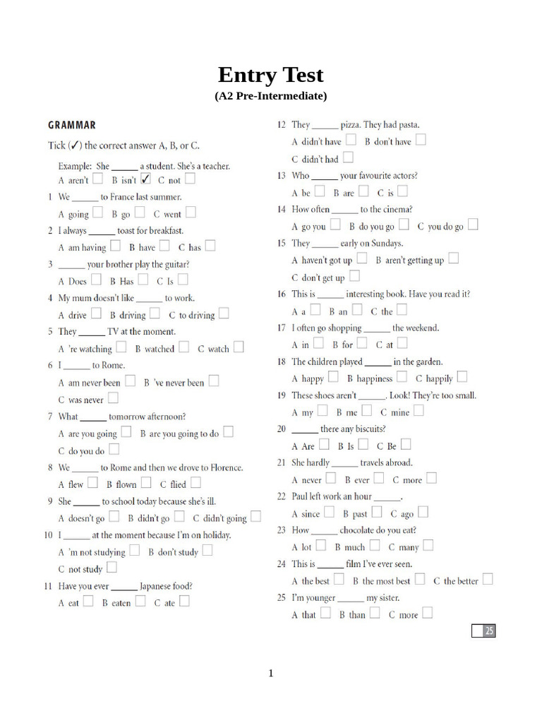 Entry Test (A2 Pre-Intermediate) | PDF