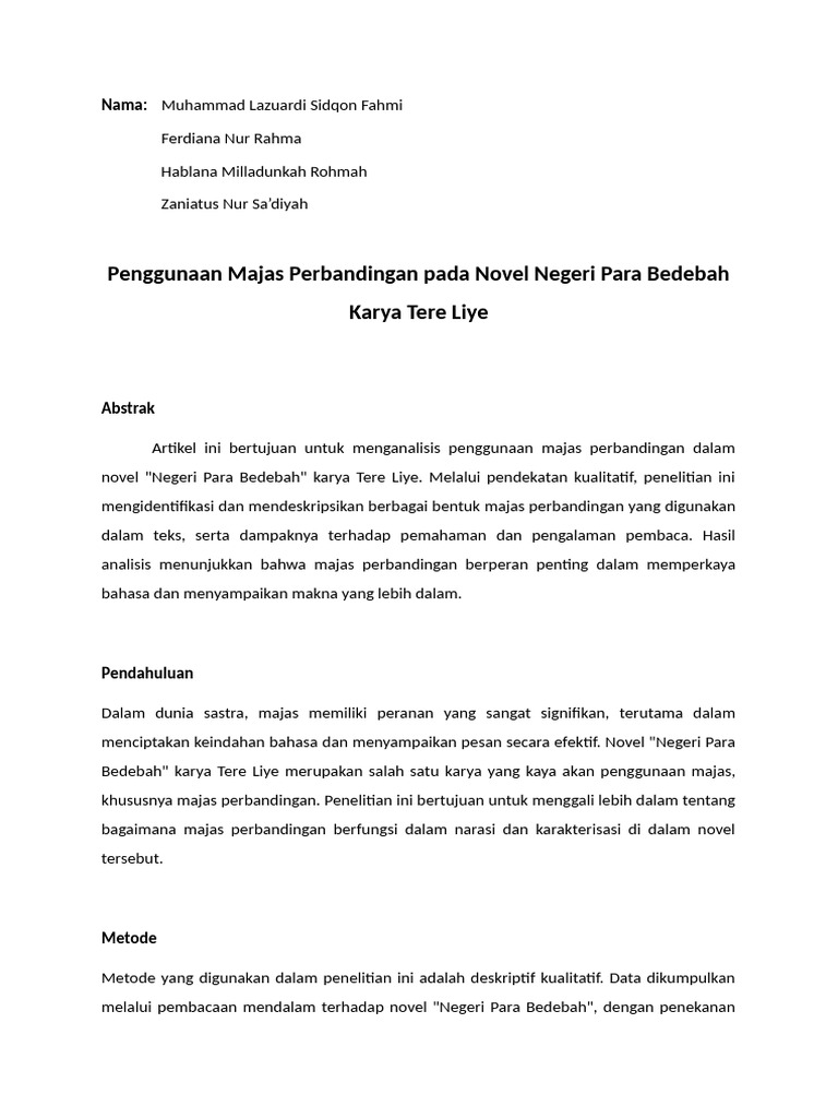 Kerangka Sederhana Artikel Penggunaan Majas Perbandingan pada Novel Negeri Para Bedebah Karya ...