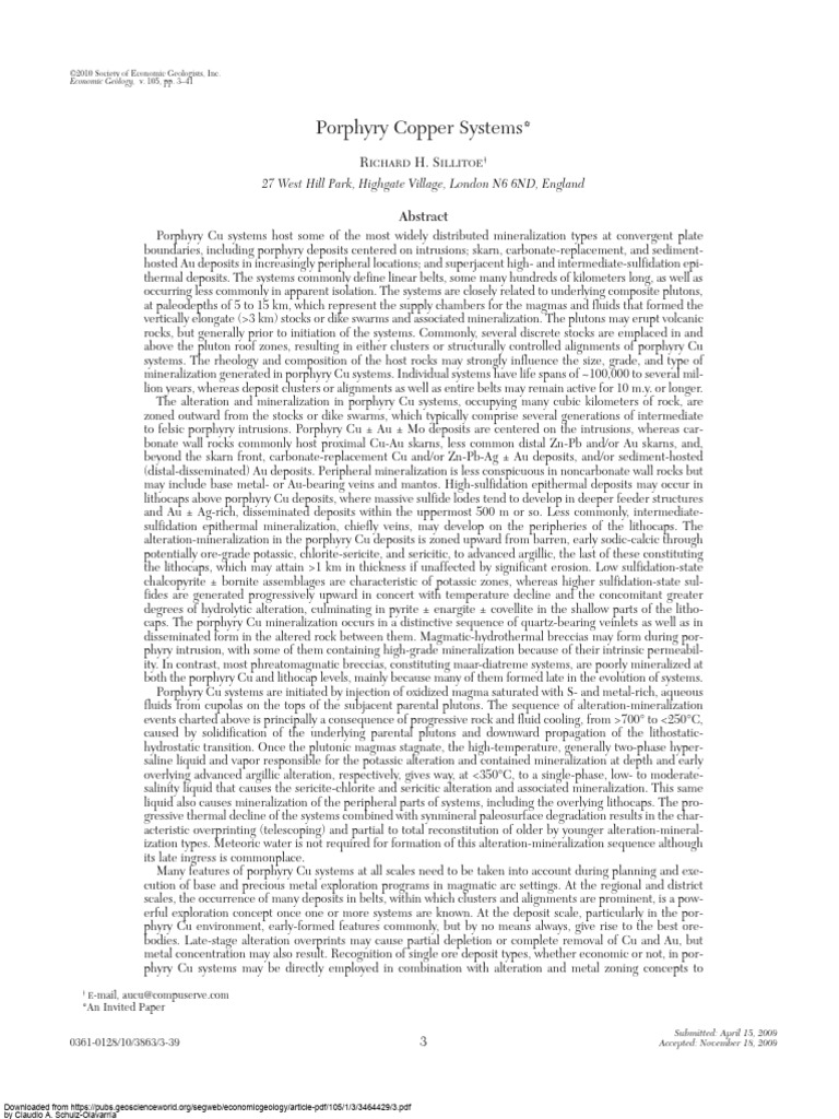 2010 Sillitoe - Porphyry Copper Systems | PDF | Clastic Rock | Igneous Rock