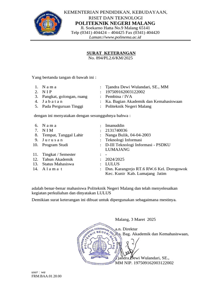 SKK-IMANUDDIN TTG LULUS, Word | PDF