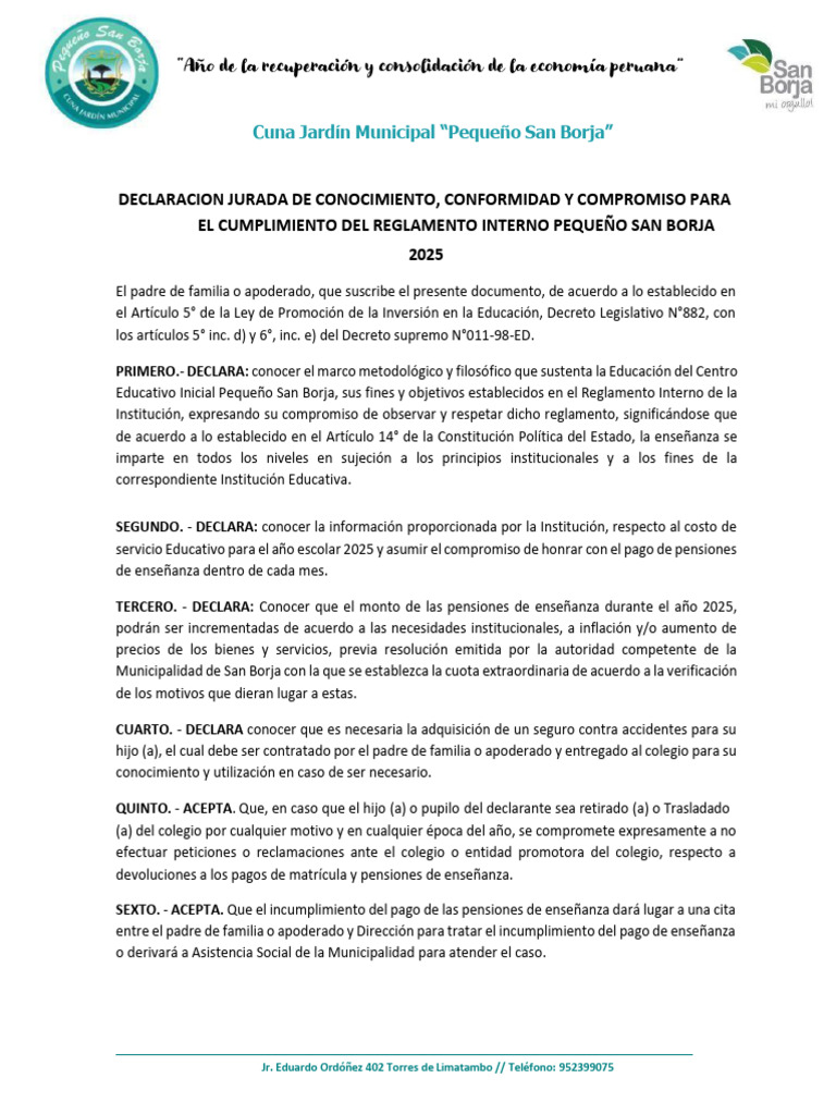 Declaracion-Jurada-De-Conocimiento-2025 - Pequeño San Borja PDF | PDF | Institución