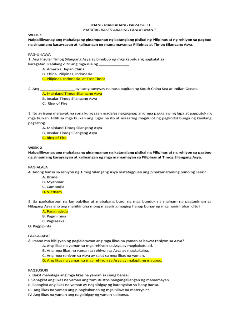 Ap7 Unang Markahang Pagsusulit Matatag Based | PDF