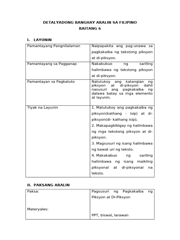Detalyadong Banghay Aralin Sa Filipino | PDF