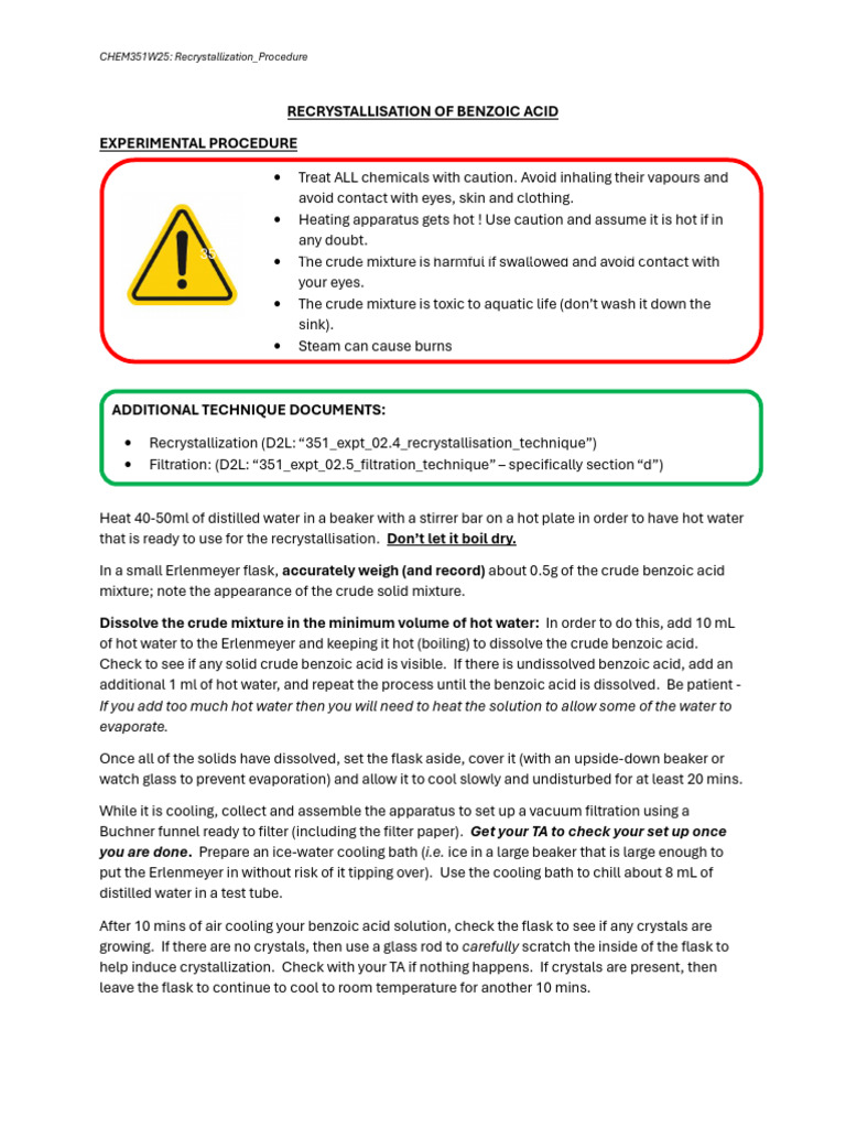 351 Expt 02.2 Procedure RECRYSTALLIZATION | PDF | Filtration | Chemistry