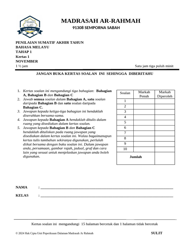 Muka Depan Kertas Exam | PDF