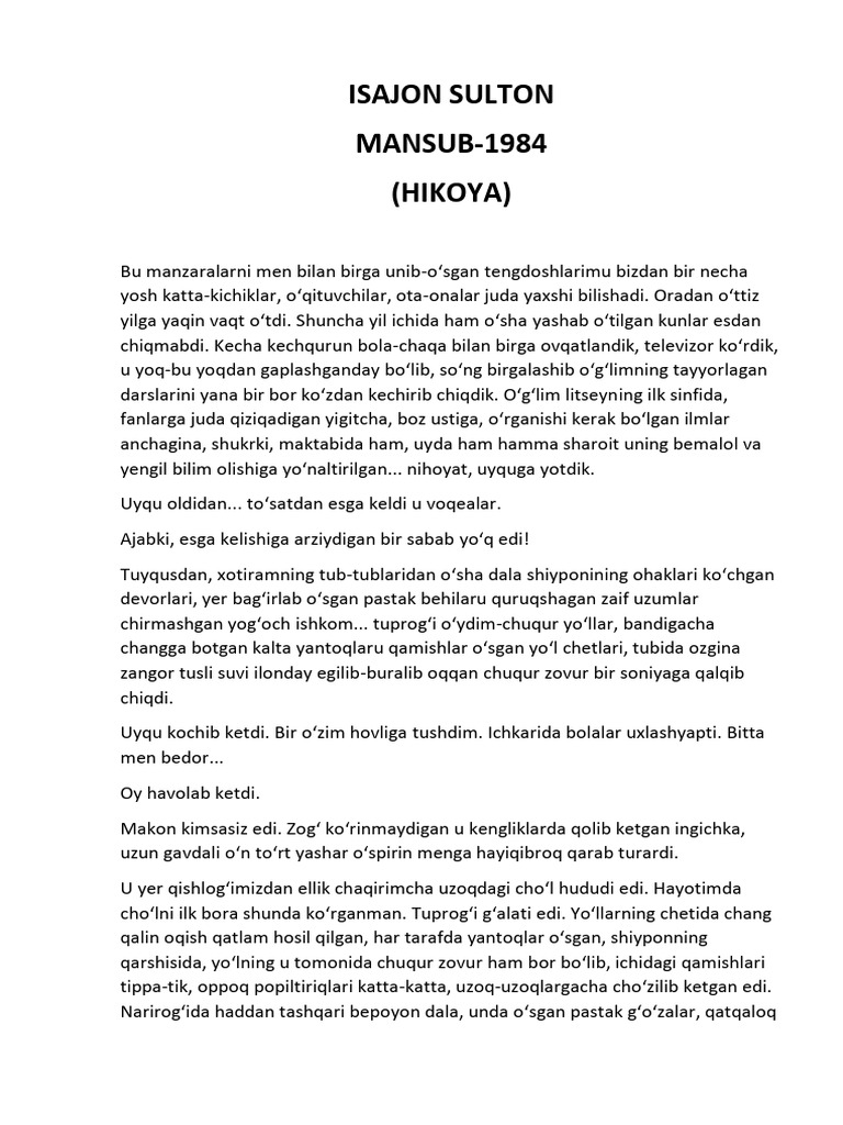 Isajon Sulton. Mansub-1984 (@e - Kutubxona) | PDF